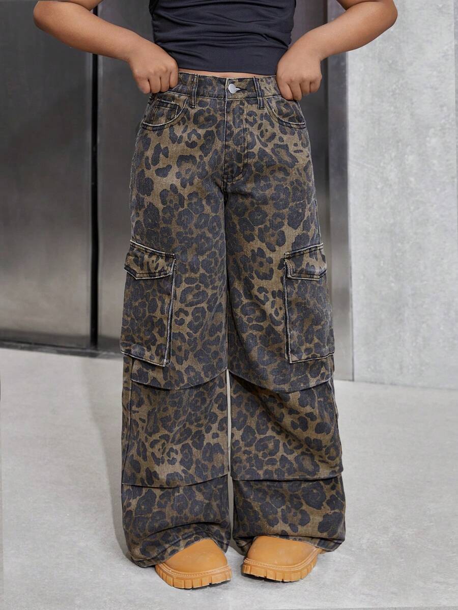 Tween Girls Leopard Print Cargo Pocket Pleated Wide Leg Loose Fit Jeans ...