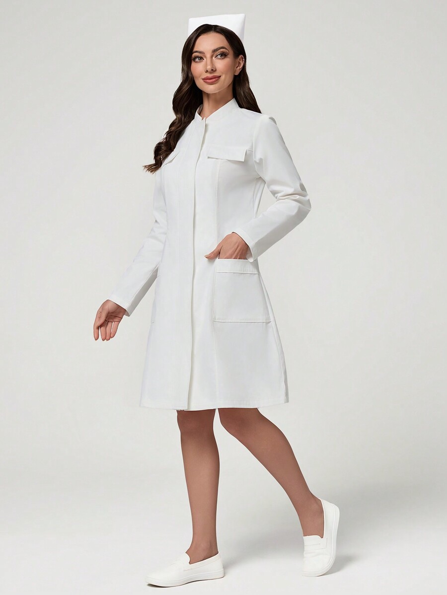 Scrubzie Anti-Wrinkle Stand Collar Waisted Long Sleeve Nurse Dress For ...