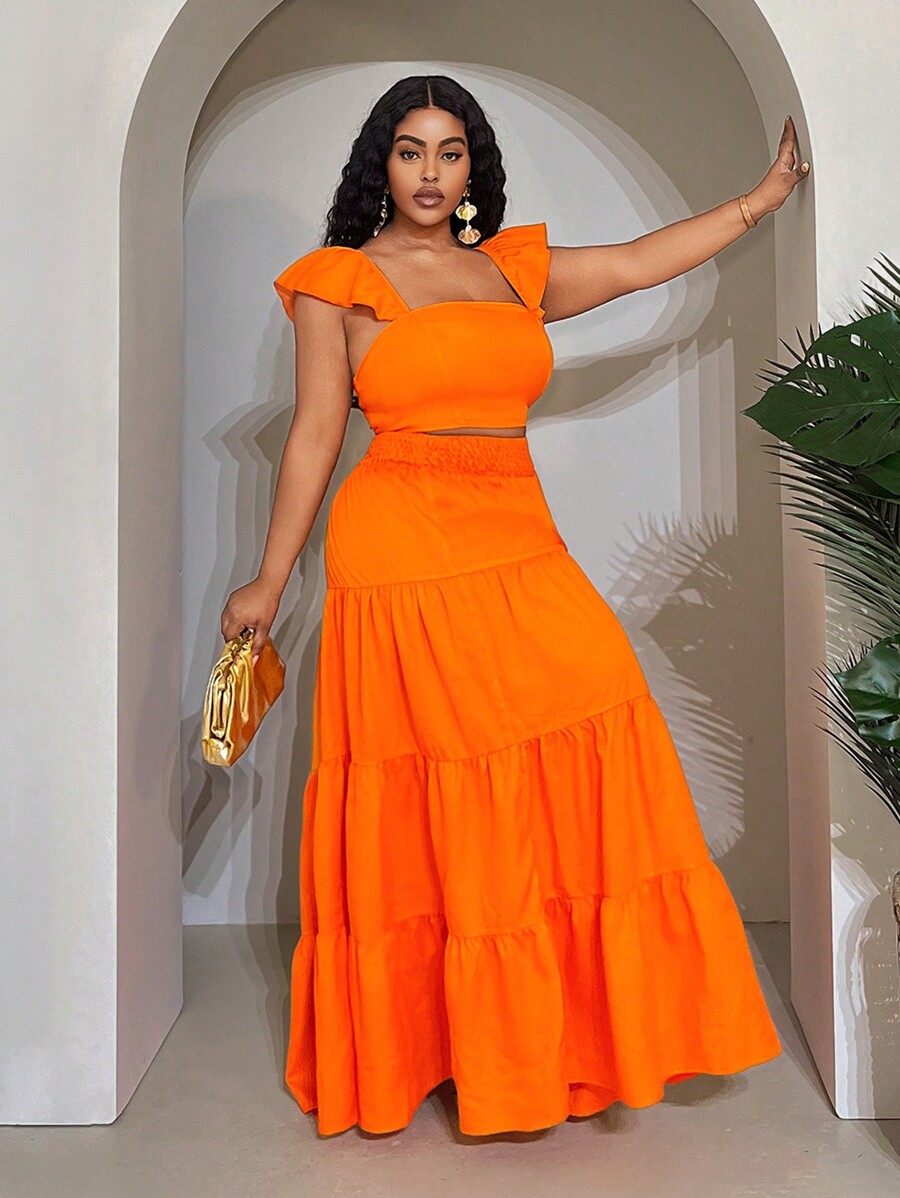 Slaydiva Nouveaux styles pour 2025 Top camisole à manches volantées pour les vacances et jupe ...