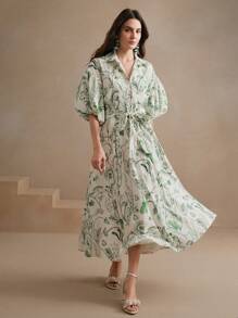 Anewsta Vacation Romantic Casual Floral Print Green Loose Flare Dress, Beach, Floral Dress ...