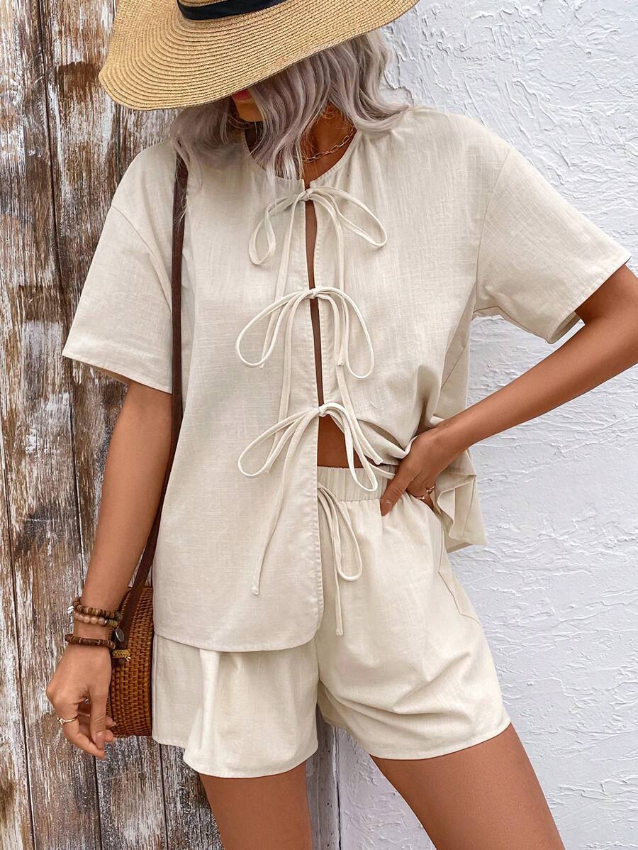 Chiquease 2pcs/Set Women Summer Elegant Casual Solid Color Bamboo Fiber Tie-Up Shoulder Shirt ...