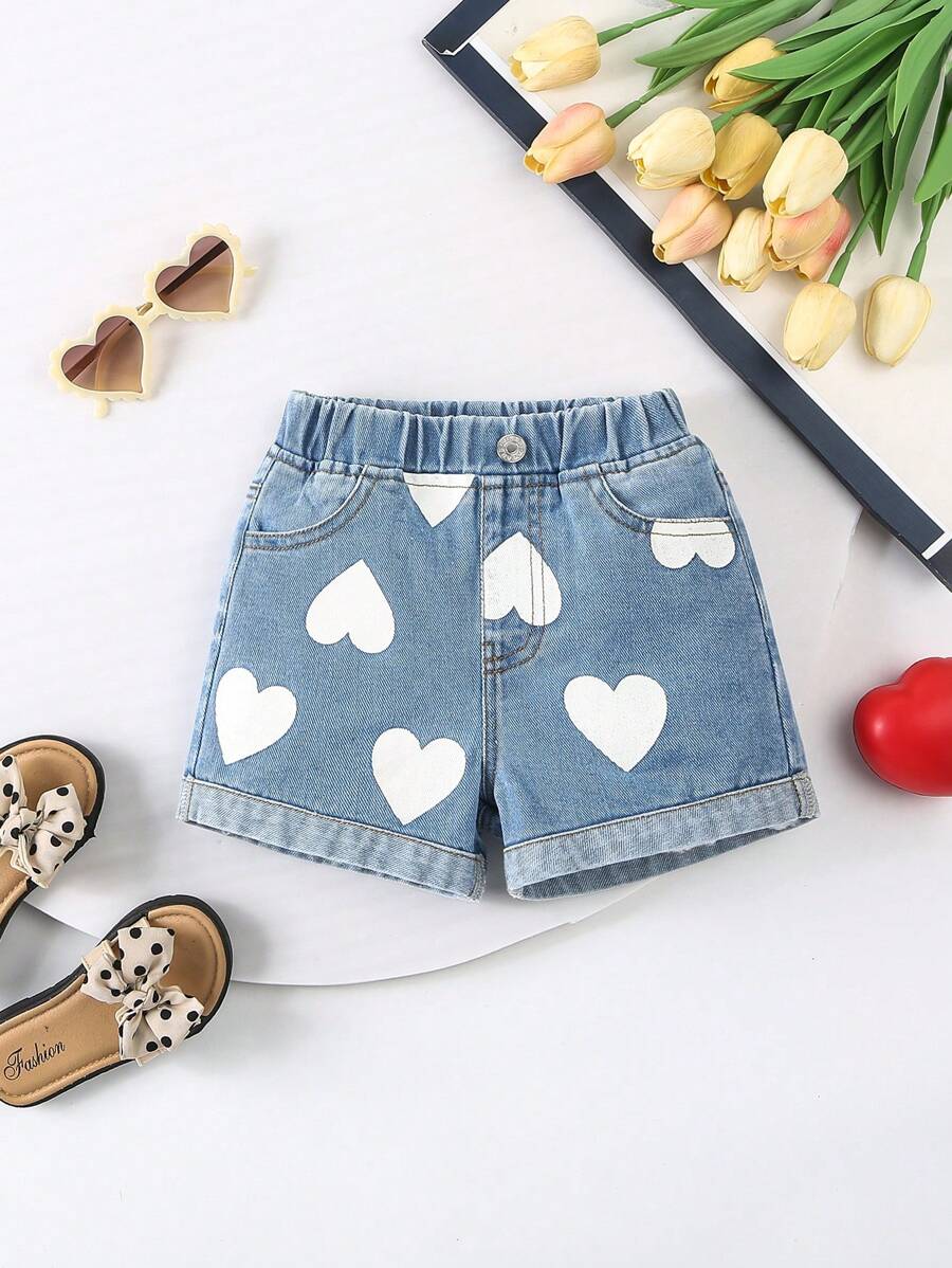 Baby Girls' Denim Cute Heart Print Shorts | SHEIN USA
