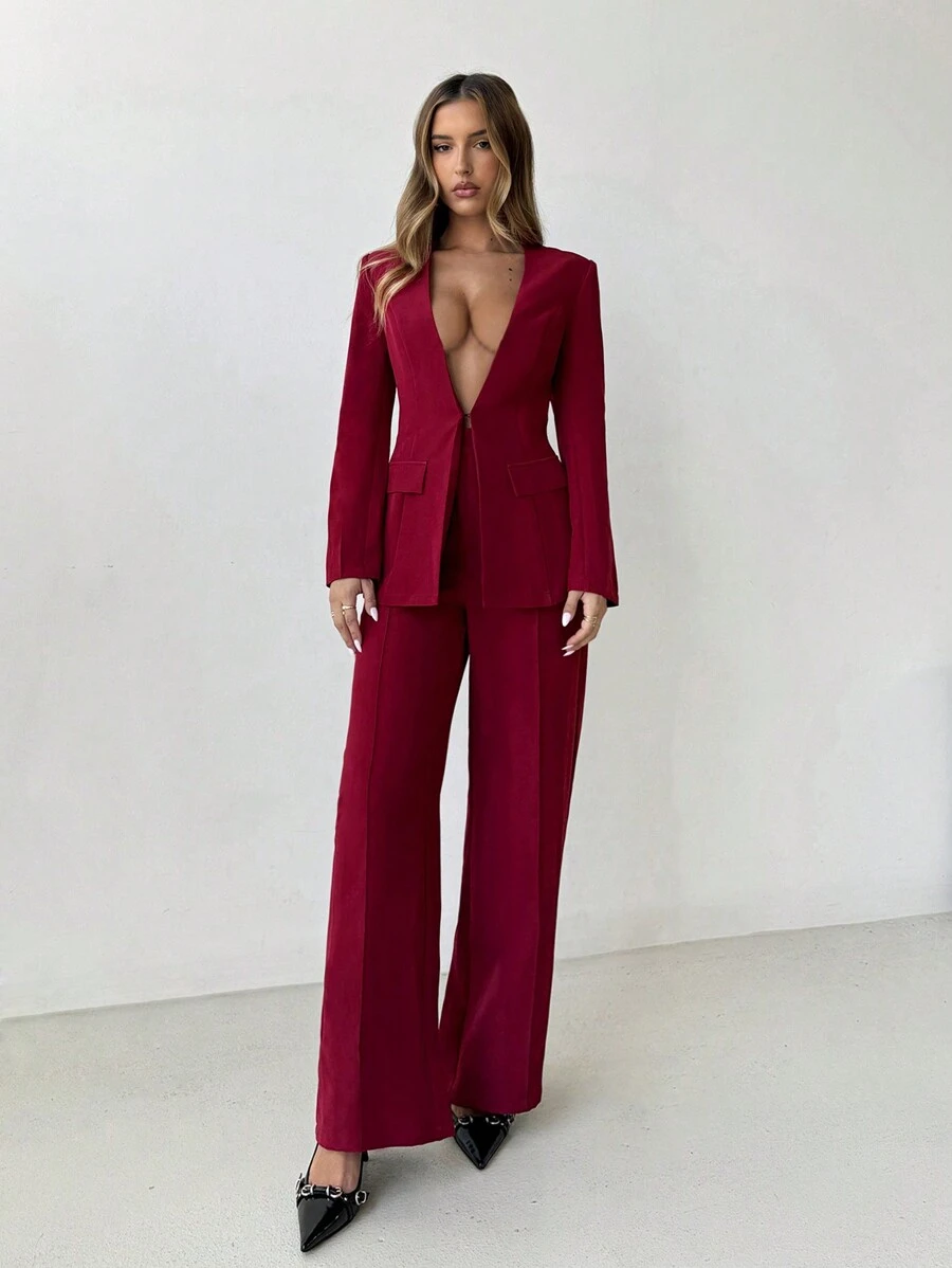 Aloruh Womens Sexy And Elegant Deep V Neck Fitted Burgundy Suit Set 4562