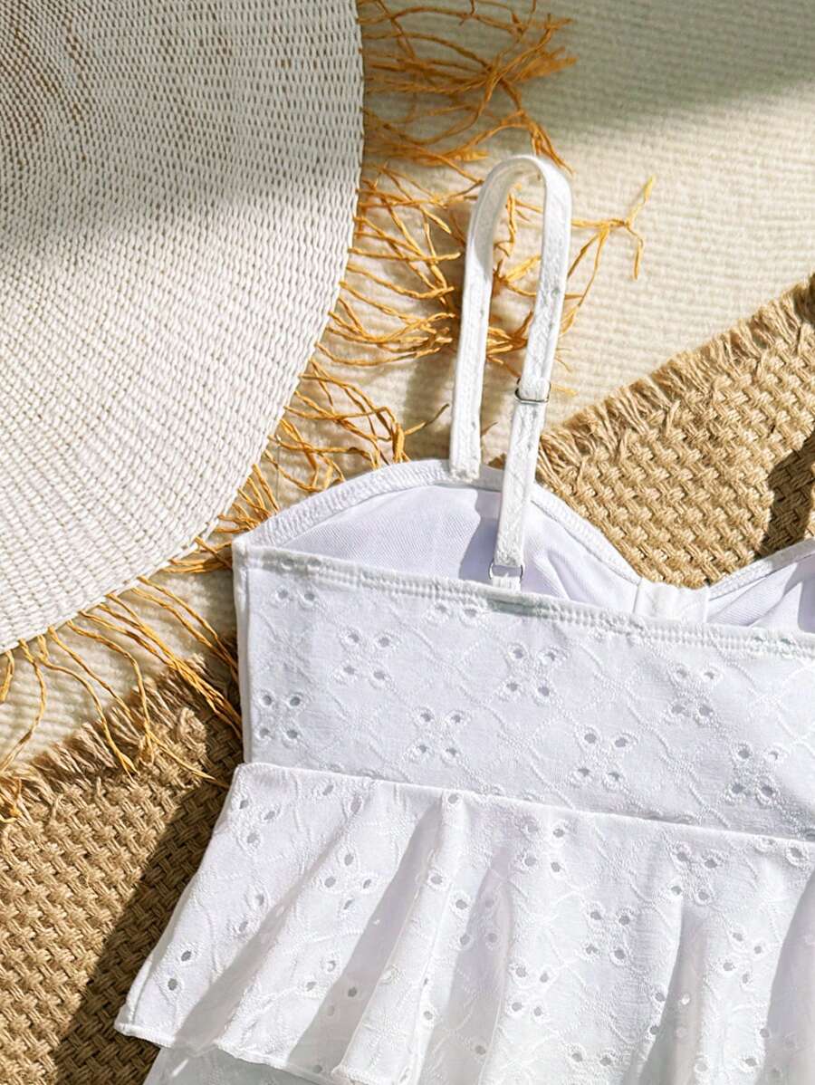 Lunivi Tween Girls Summer Beach White Hollow Double Ruffle Tankini ...