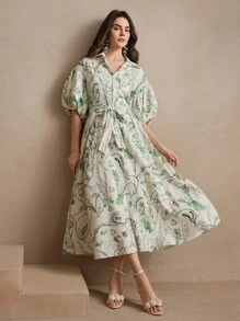 Anewsta Vacation Romantic Casual Floral Print Green Loose Flare Dress, Beach, Floral Dress ...