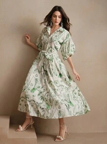 Anewsta Vacation Romantic Casual Floral Print Green Loose Flare Dress, Beach, Floral Dress ...