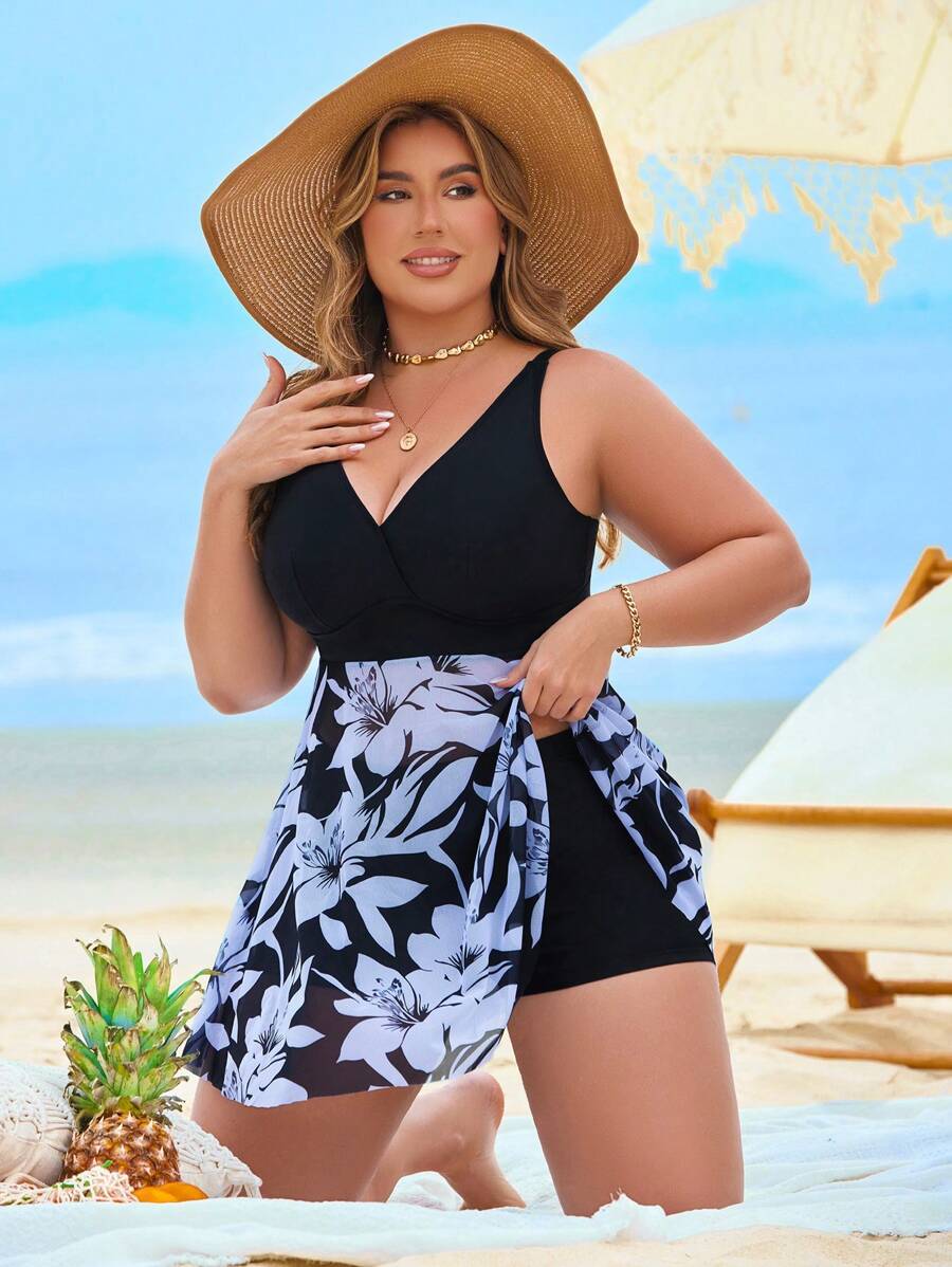 Swim Lushoire Plus Size Floral Print Mesh Ruffle Adjustable Strap ...
