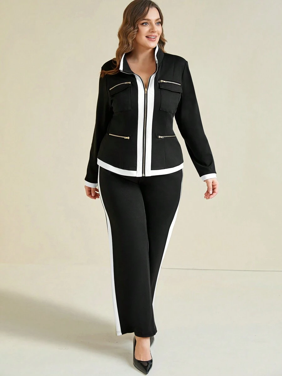 EMERY ROSE 2pcs/Set Plus Size Women Contrast Color Zipper Stand Collar ...