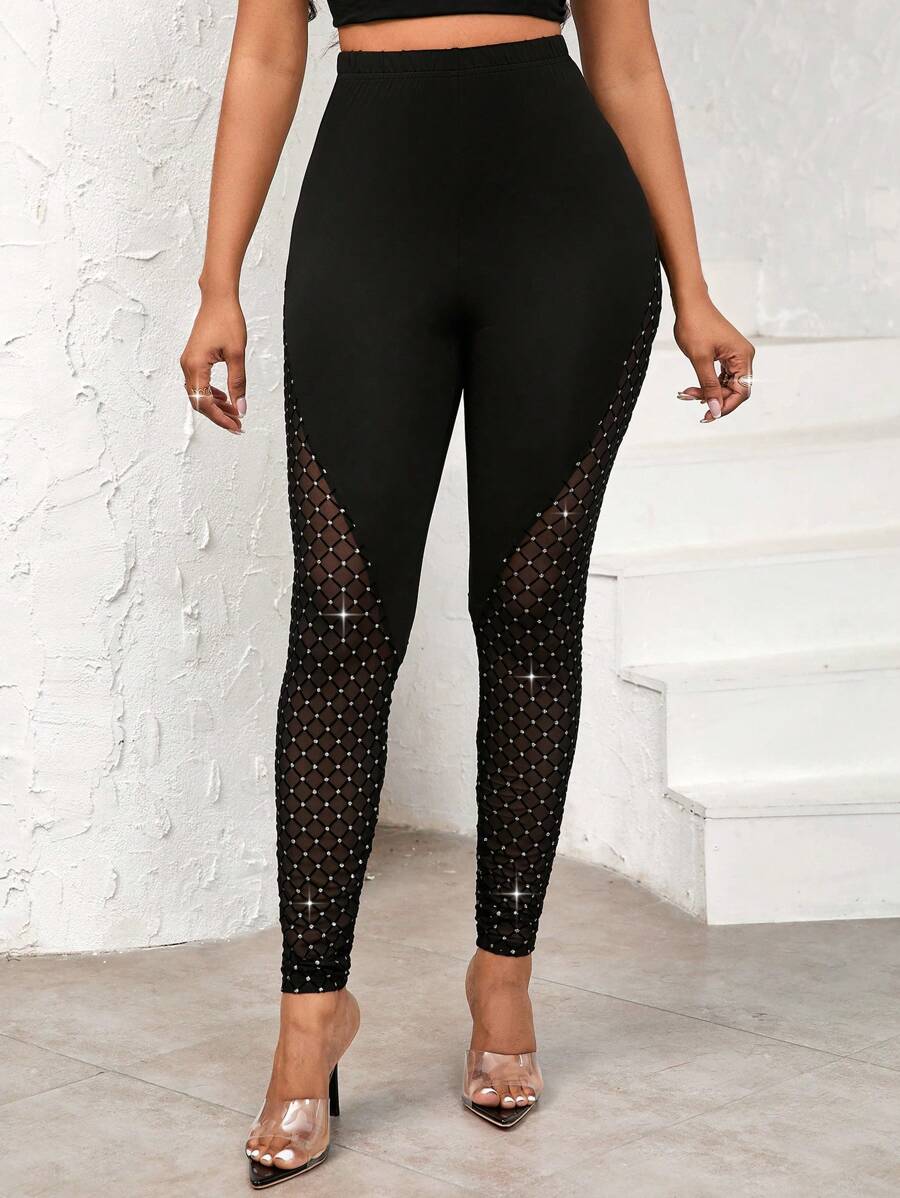 SHEIN Lady Sequined Mesh Spliced Leggings, Elegant And Sexy For Everyday Use In All Seasons ...