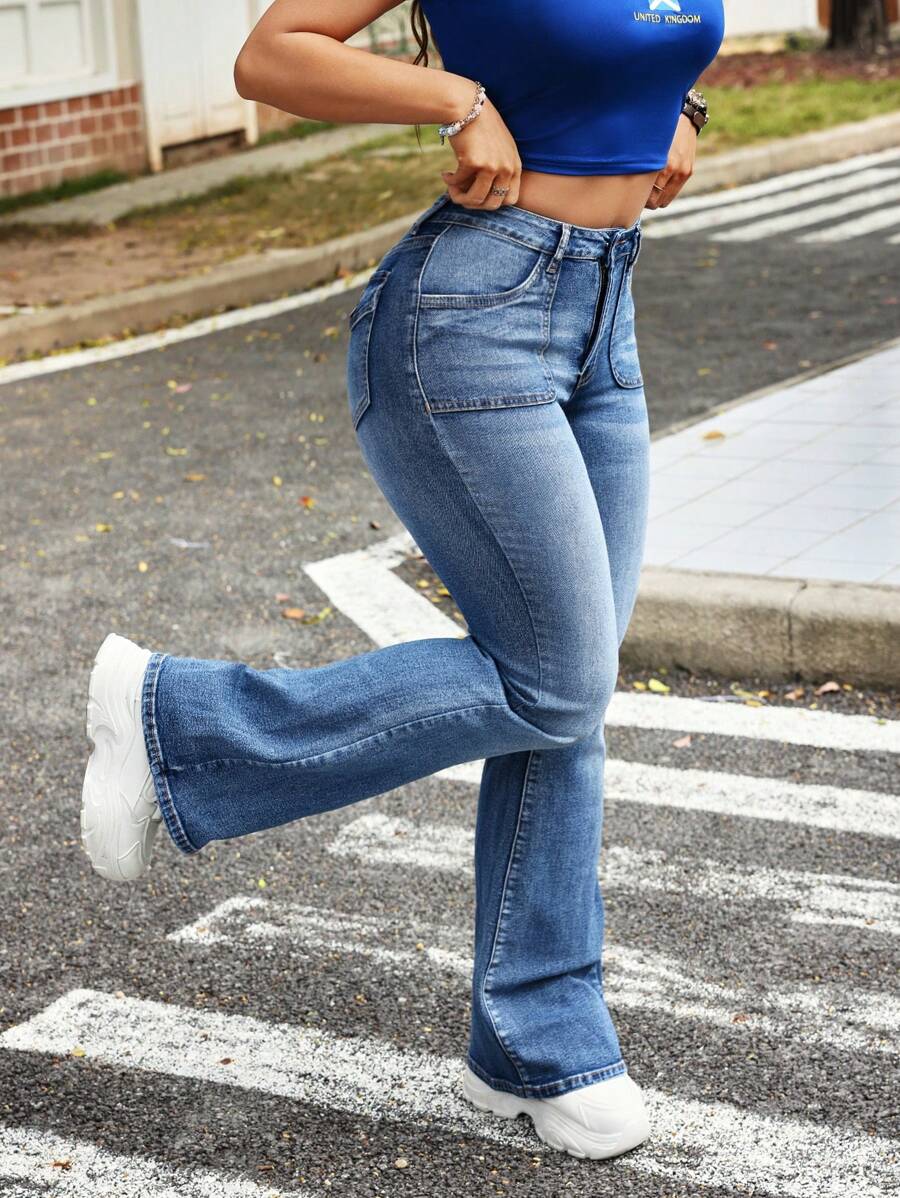 SHEIN PETITE Women's Denim Jeans, Casual Skinny Fit Low Rise Flare Leg ...