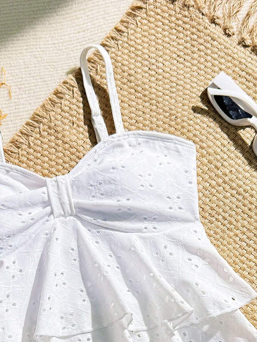 Lunivi Tween Girls Summer Beach White Hollow Double Ruffle Tankini ...