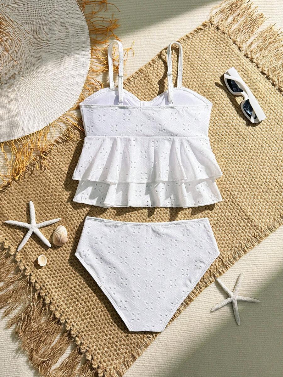 Lunivi Tween Girls Summer Beach White Hollow Double Ruffle Tankini ...