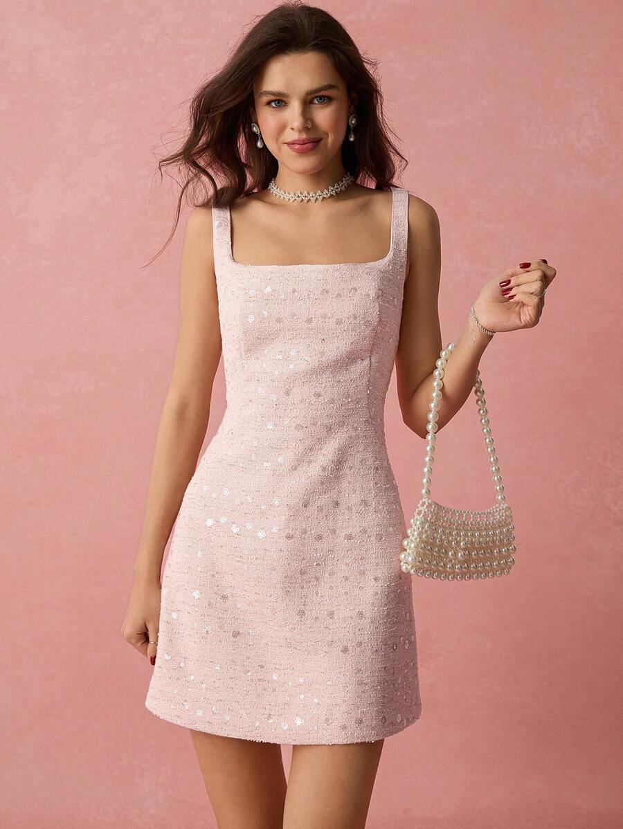 Enchnt Spring/Summer Romantic Women's Soft Pink Square Neck Sleeveless ...