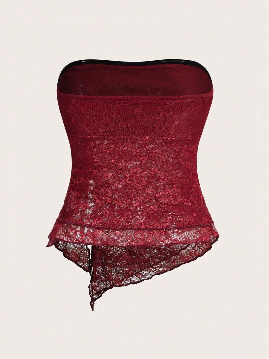 Sweetina Lace Patchwork Drawstring Asymmetrical Hem Cropped Cami Top ...