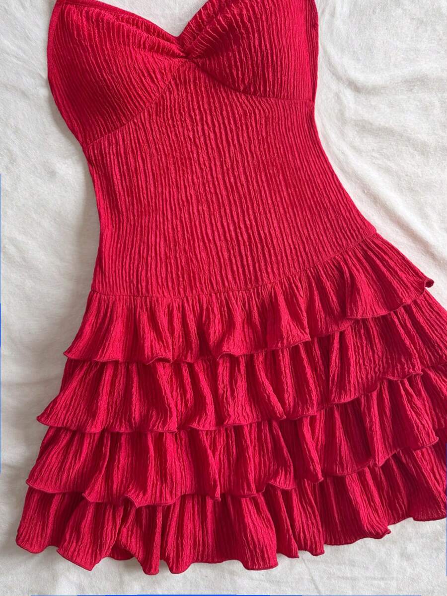 Soleia Romantic Ruffle Halter Tie Ruffle Hem Mini Dress, Ladies Holiday ...