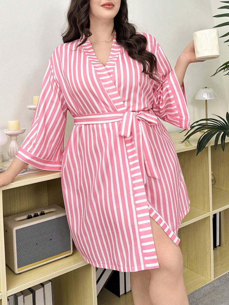 Plus Size Women Bubble Crinkle Striped 3/4 Sleeve Casual Sleepwear Robe ...