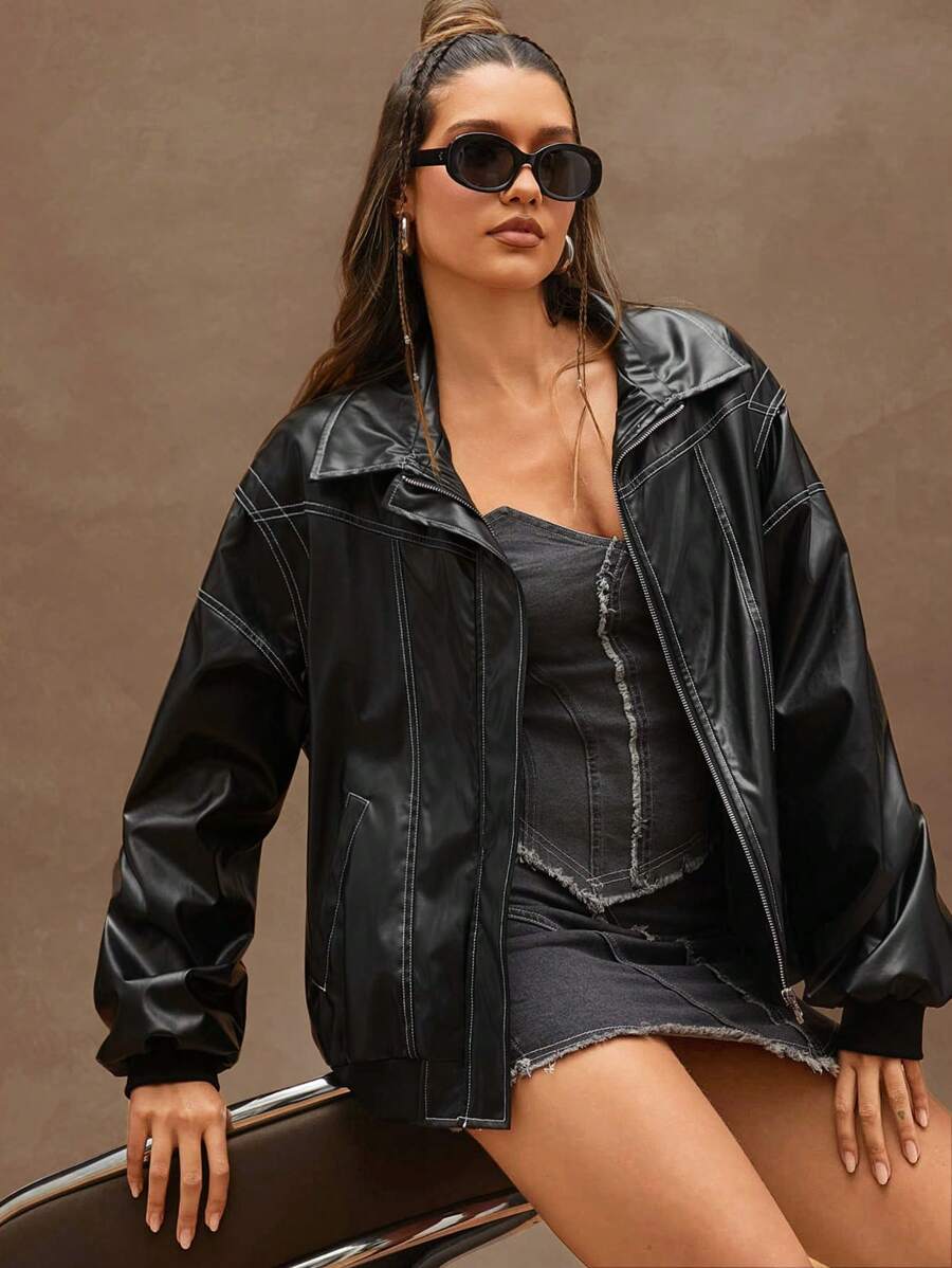 SHEIN Unity Women Clothes, Oversized Minimalist Black Faux Leather ...