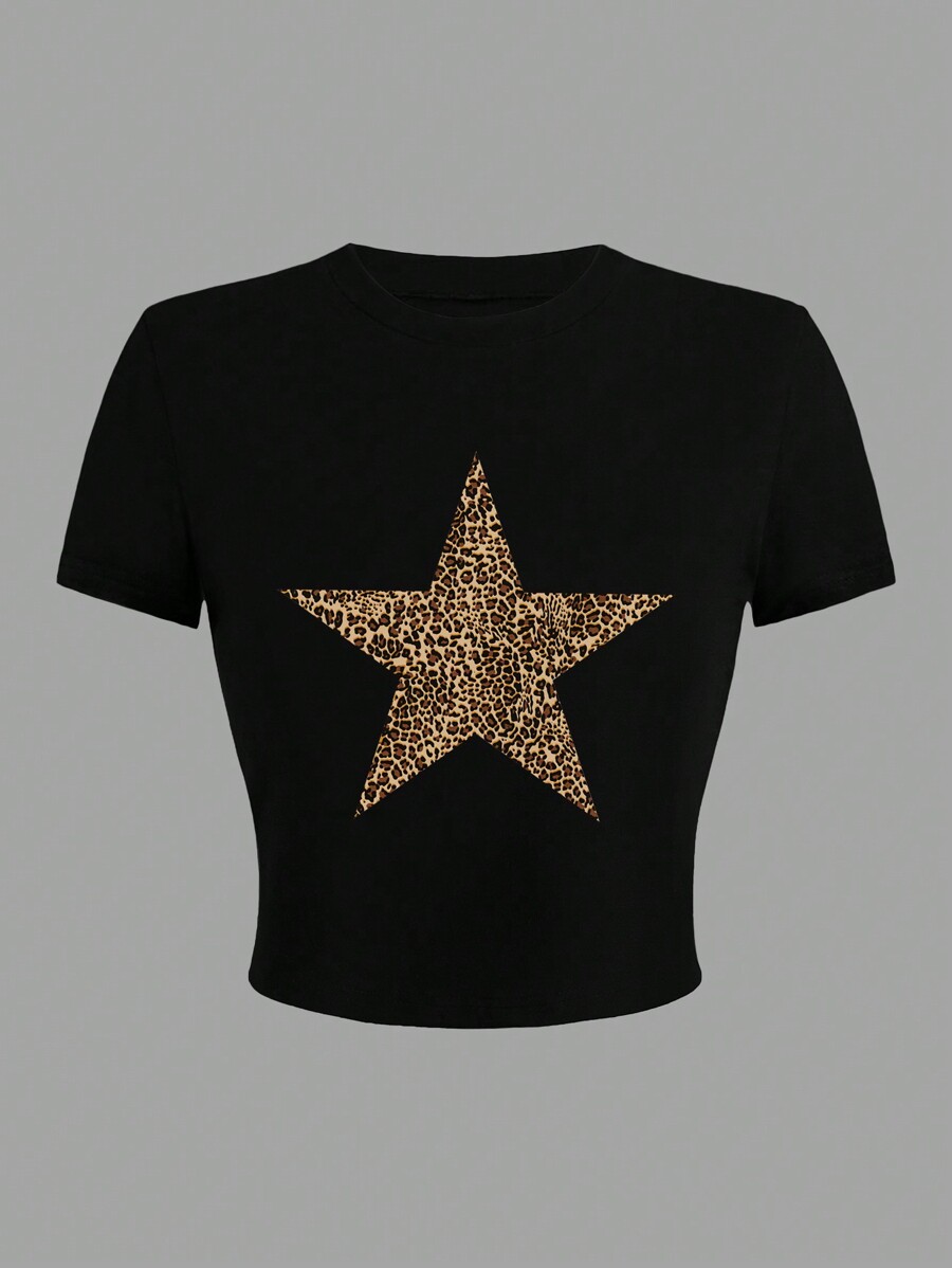 Fashionable Leopard Print Star Pattern Crew Neck Slim Fit Cropped T ...