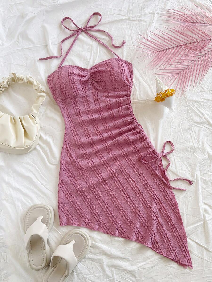 Soleia Vacation Halter Tied Drawstring Pink Textured Fabric Asymmetric ...