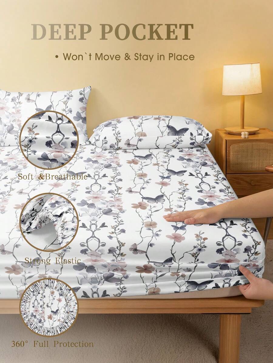 1Pc Fashion Butterfly Flower Pattern Fitted Sheet, Mattress Protector ...
