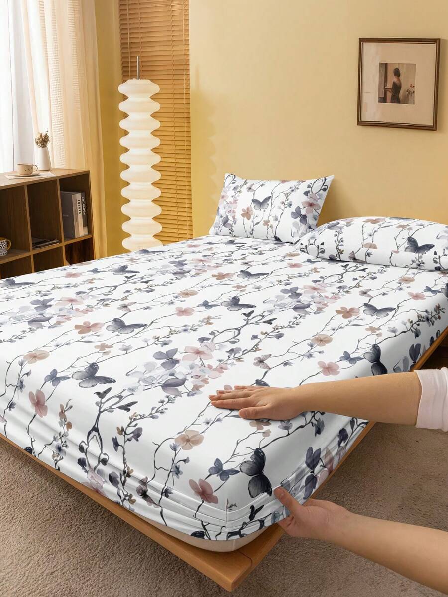 1Pc Fashion Butterfly Flower Pattern Fitted Sheet, Mattress Protector ...