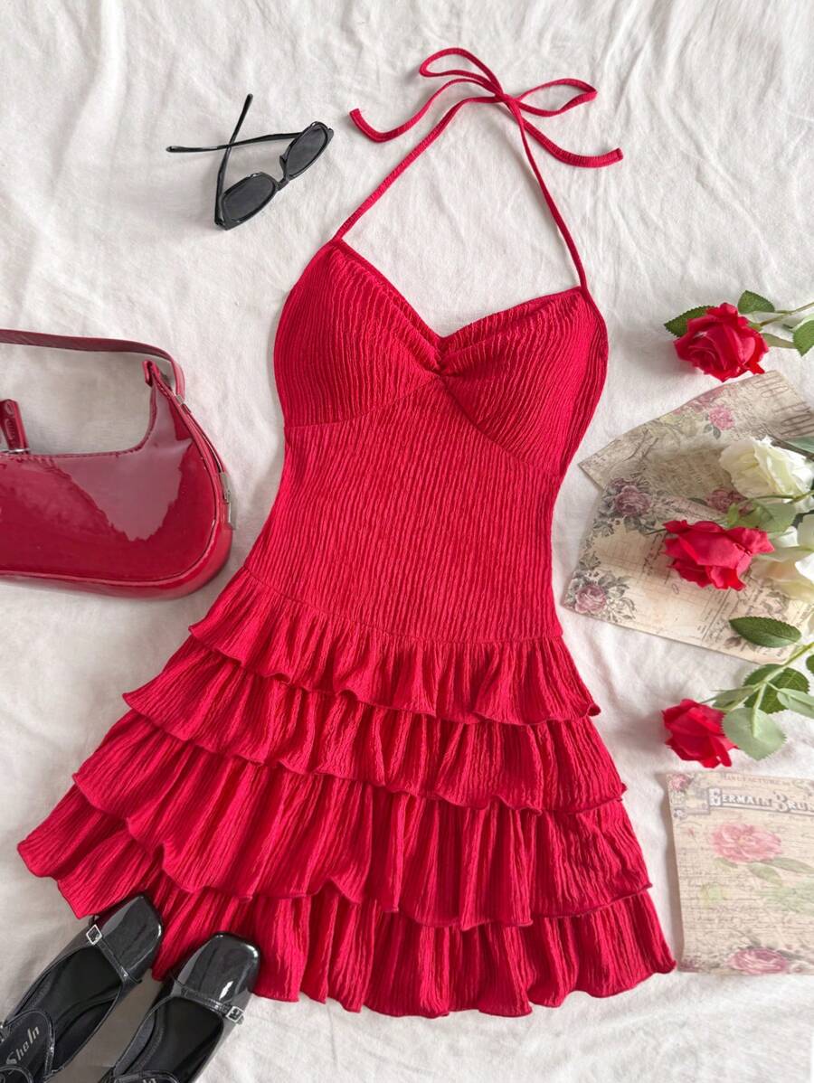 Soleia Romantic Ruffle Halter Tie Ruffle Hem Mini Dress, Ladies Holiday ...