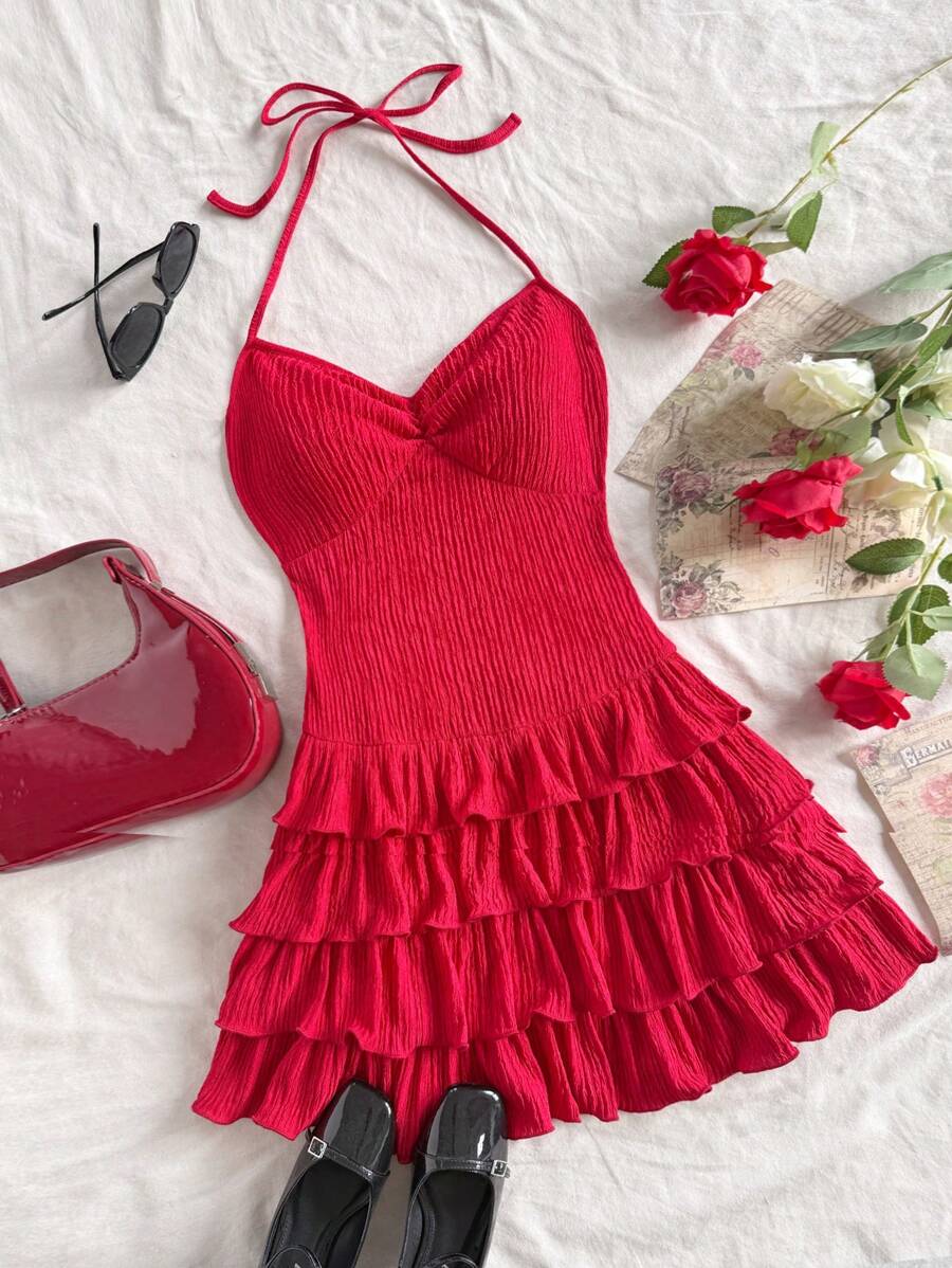 Soleia Romantic Ruffle Halter Tie Ruffle Hem Mini Dress, Ladies Holiday ...