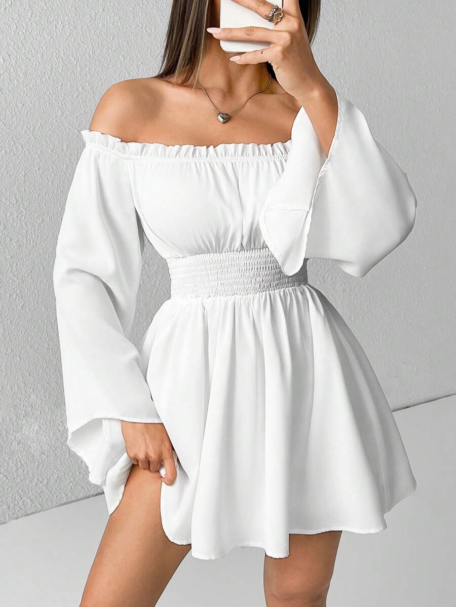 SHEIN PETITE Off Shoulder Frill Trim Flounce Sleeve Bell Sleeves White ...
