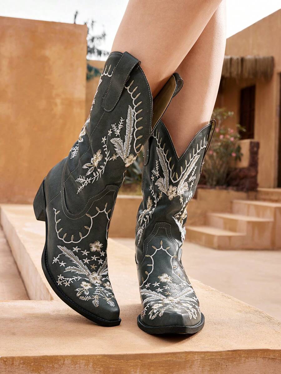 Styleloop Botas vaqueras minimalistas bordadas con flores para mujer ...
