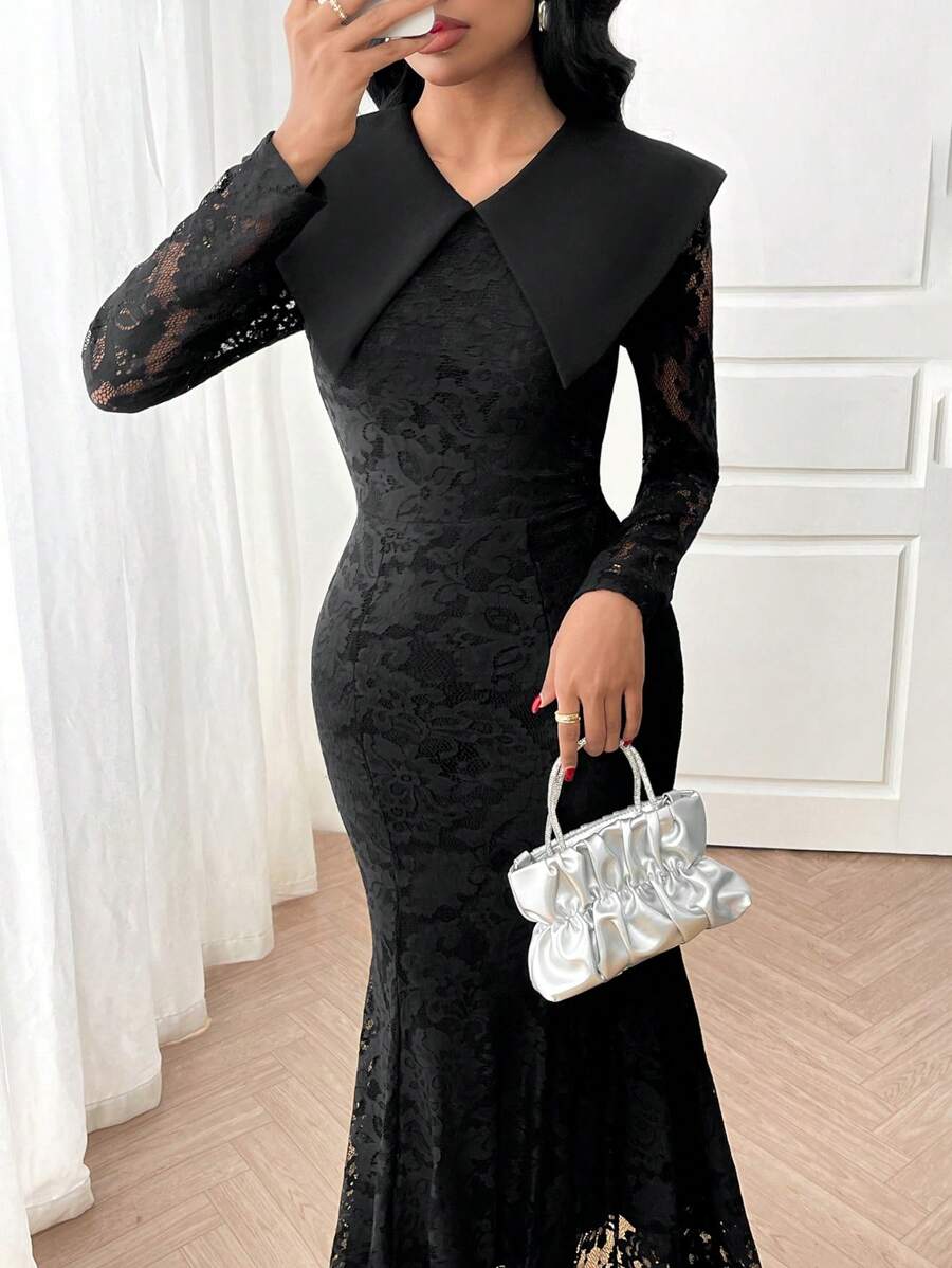 Modelyn Women's Solid Color Long Sleeve Lace Patchwork Casual Long Dress Long Evening Dresses ...