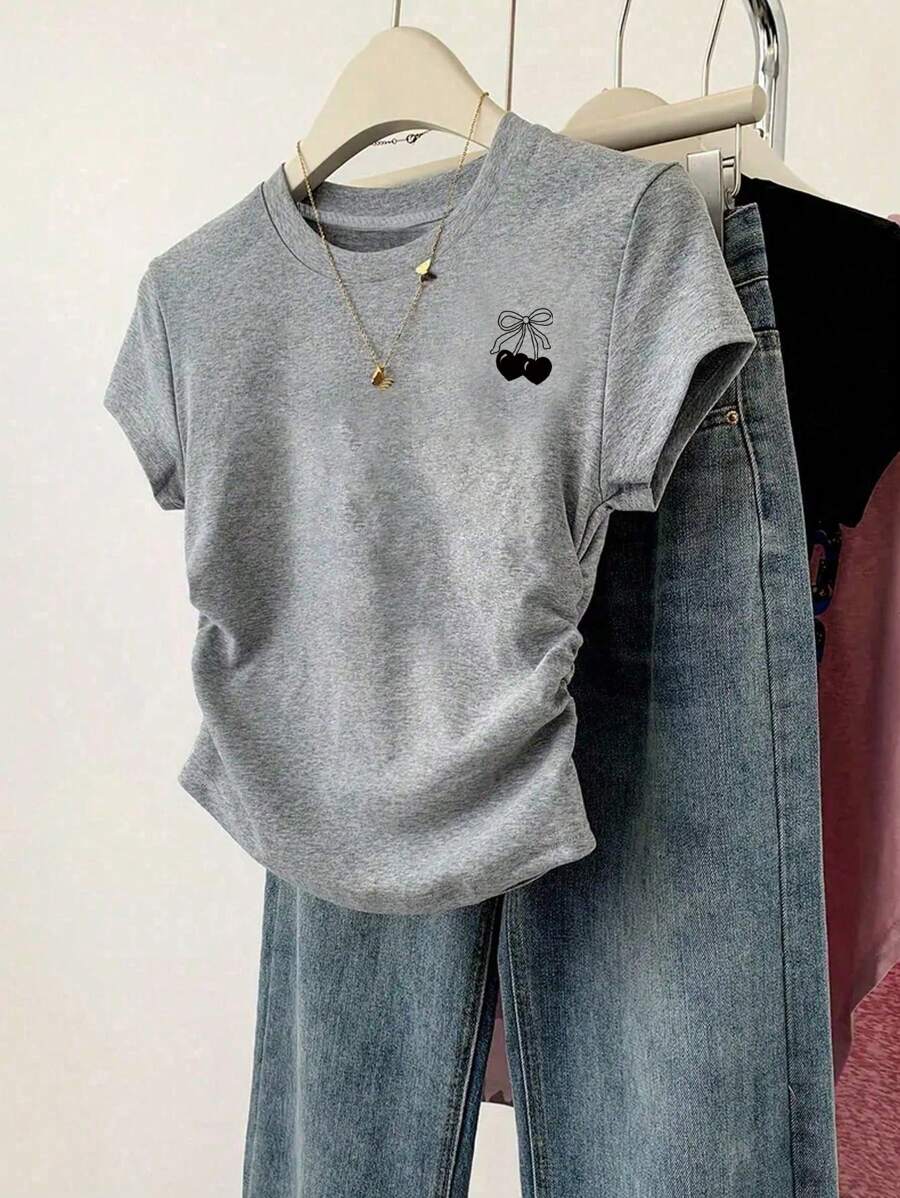Teen Girls' Casual Minimalist Cherry Print Ruched Waist T-Shirt | SHEIN USA