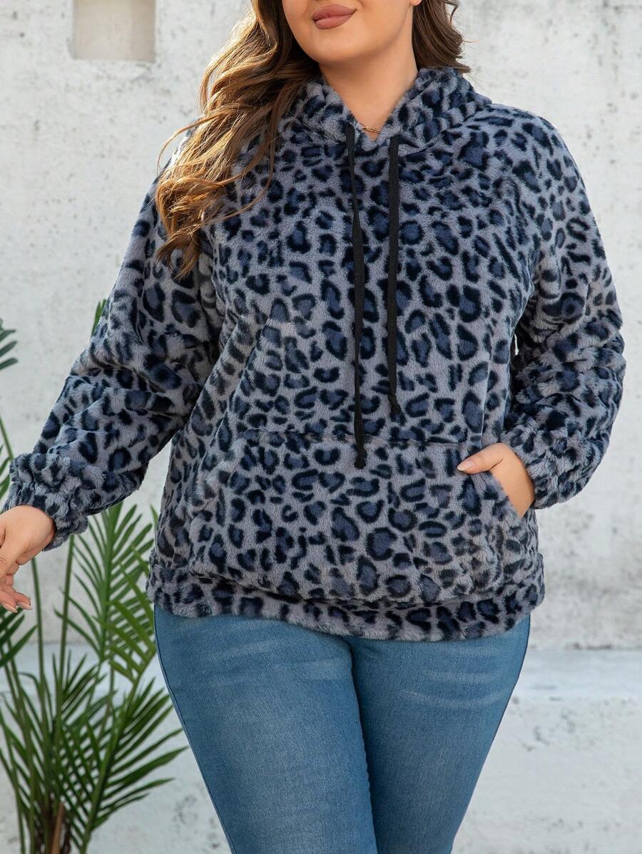Plus Size Leopard Print Pocket Hoodie, Casual Pullover | SHEIN USA
