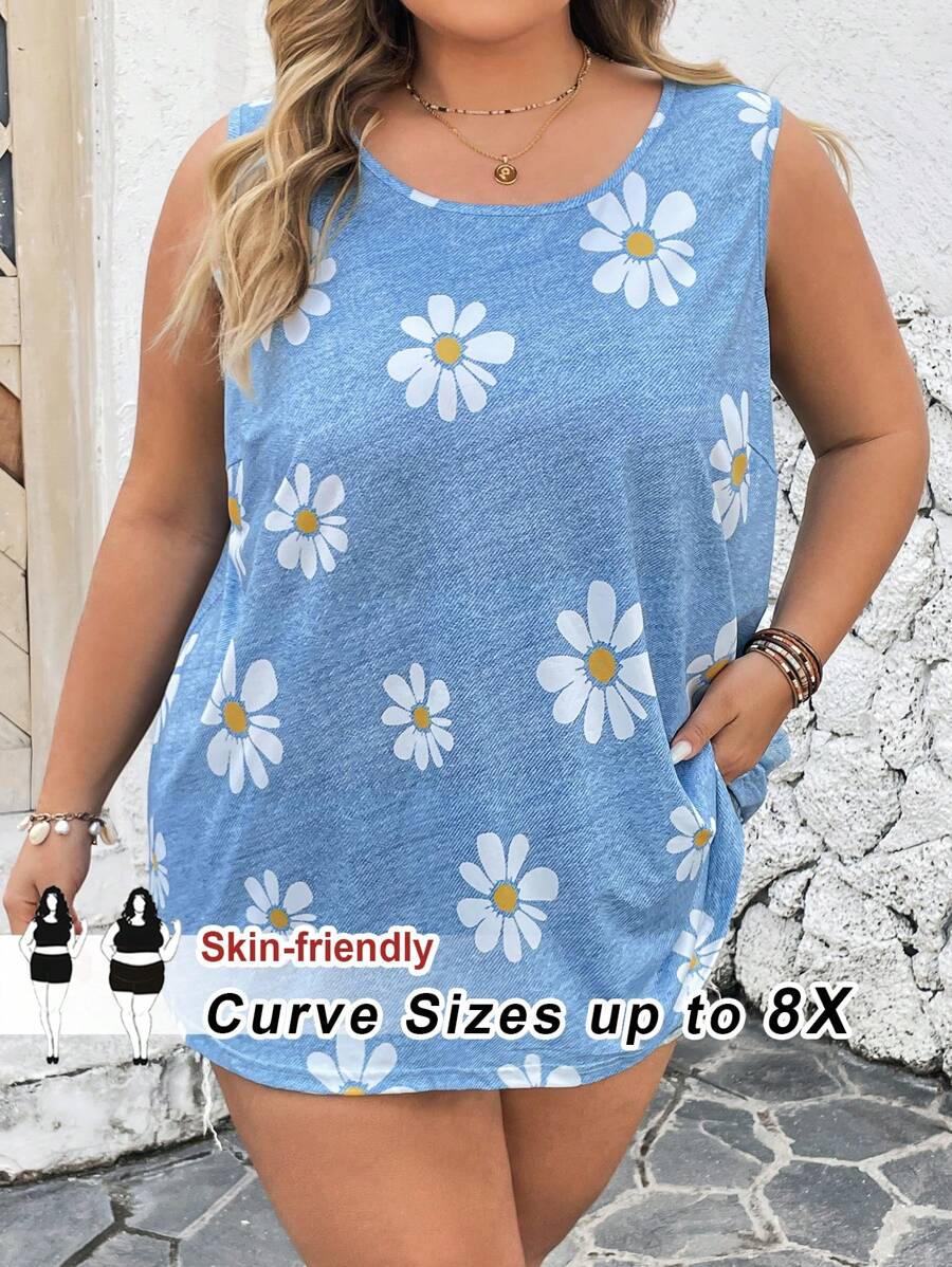 SHEIN CURVE+ Daisy Pattern Summer Casual Sleeveless Women Plus Size ...