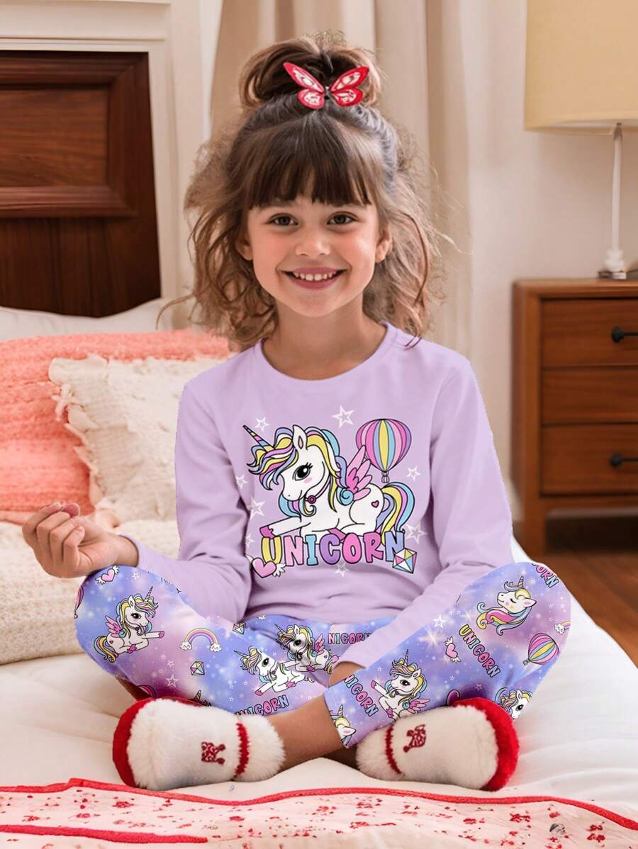 SHEIN Tween Girls Unicorn Print Purple Girls Pajama Set, Personalized Rainbow Unicorn T-Shirt ...