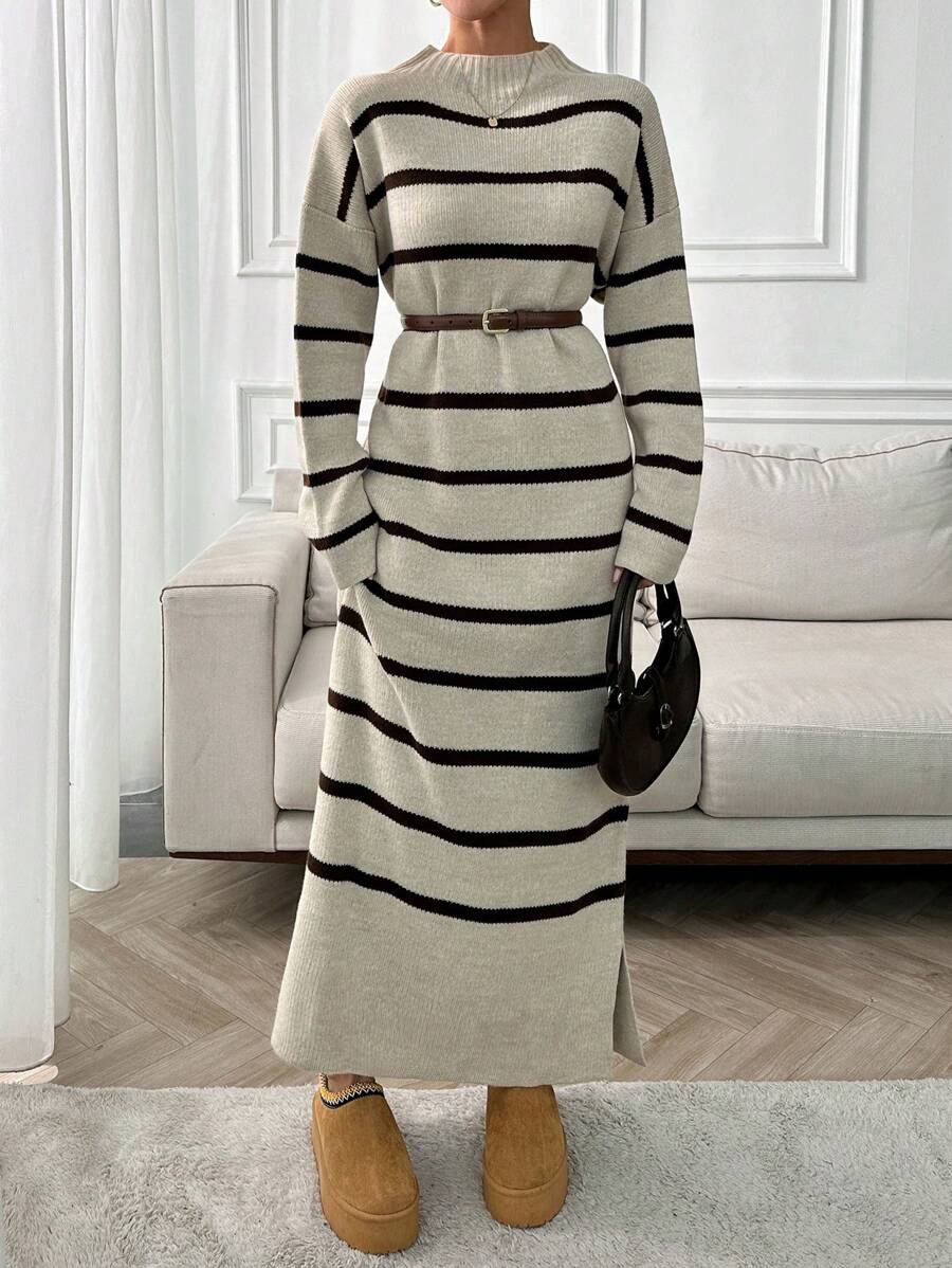 SHEIN Apricot And Brown Striped Thick And Maxi Sweater Dress | SHEIN USA