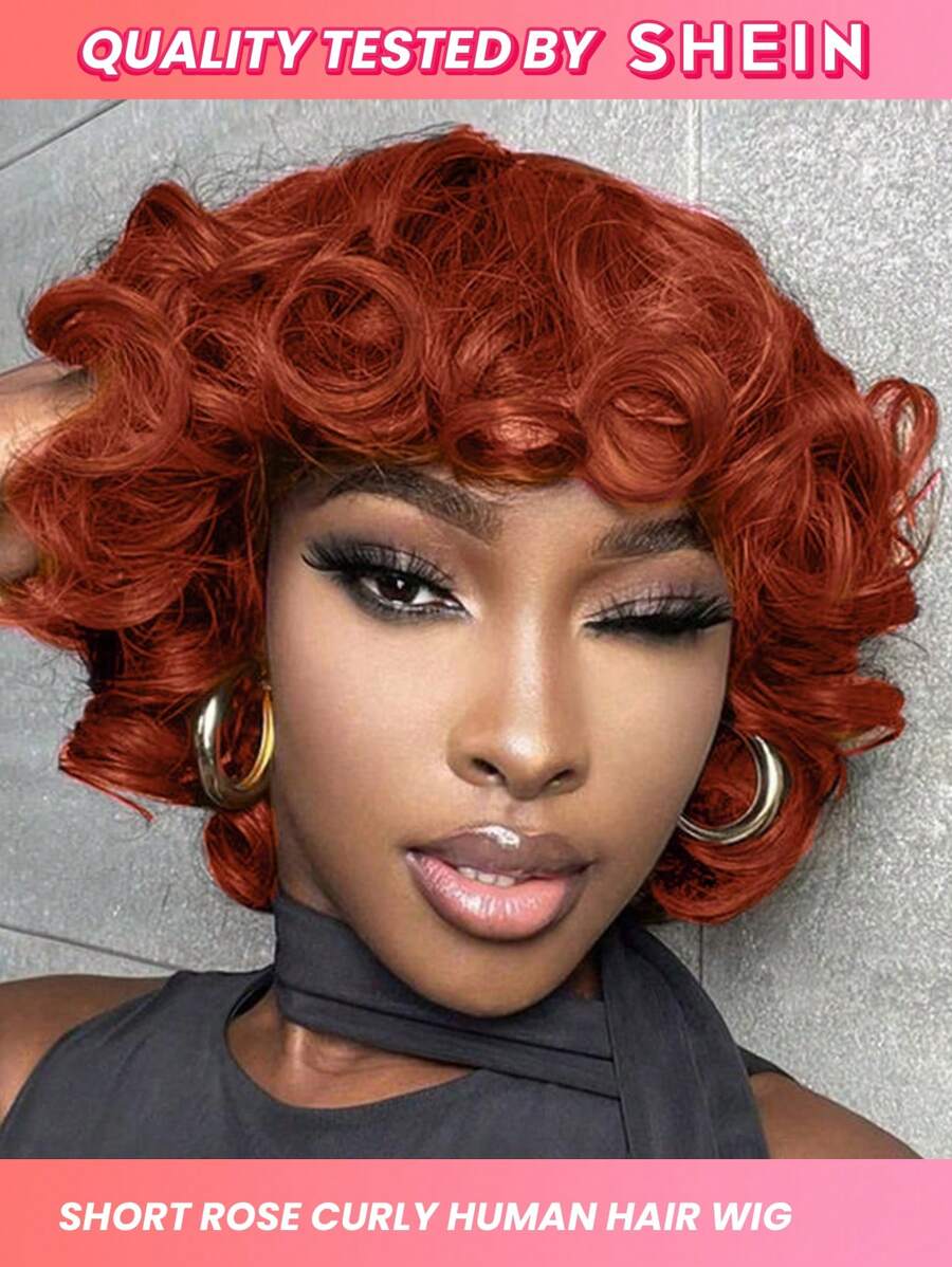 Short Rose Curly Wave Wig With Bangs Machine Made 8 Inch Ginger Orange ...