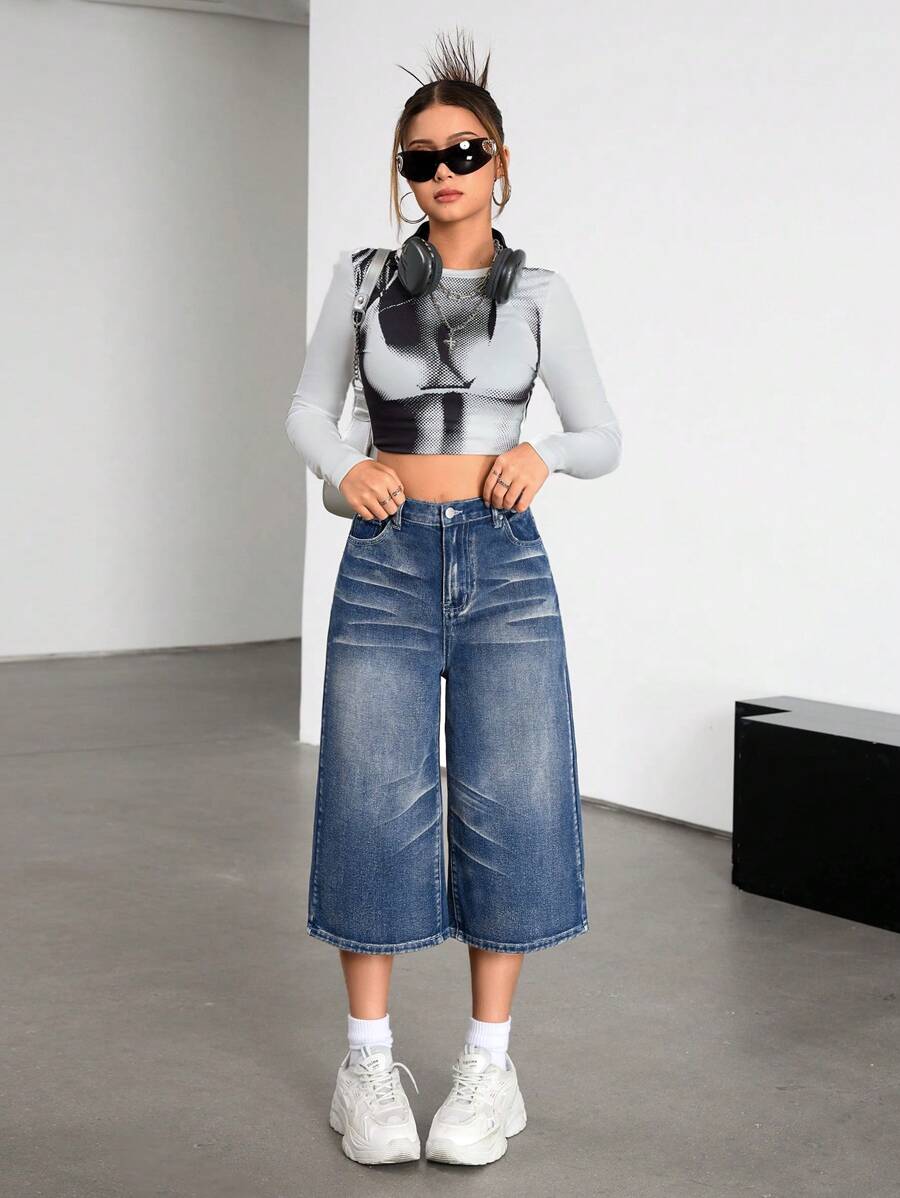 SHEIN Y2K Style Black Loose Bermuda Denim Jeans For Teenage Girls, Fall Back To School Cute ...