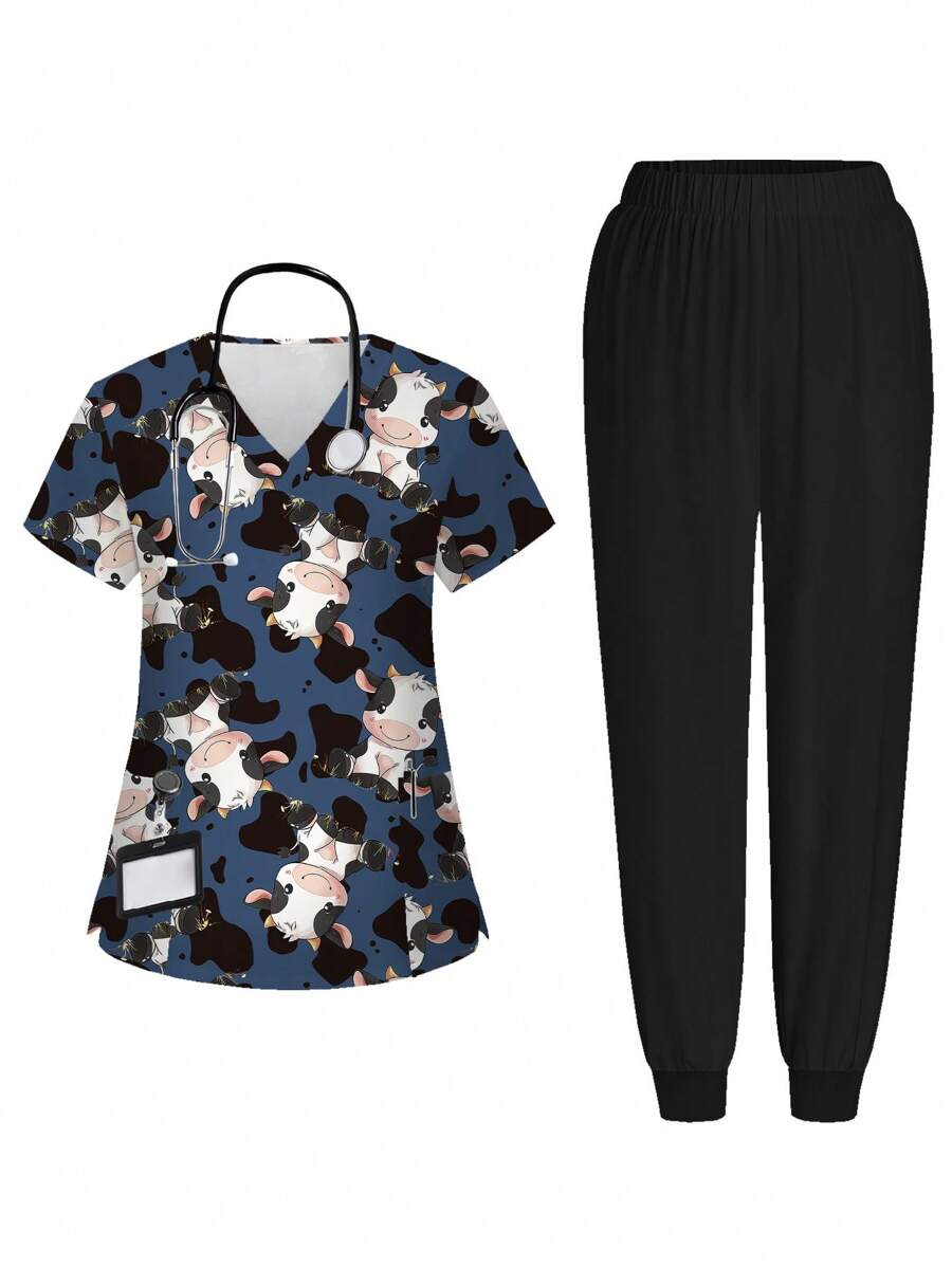 PopScrub Cute Cartoon Cow Print Plus Size Women 2 Pieces Uniform Scrub ...