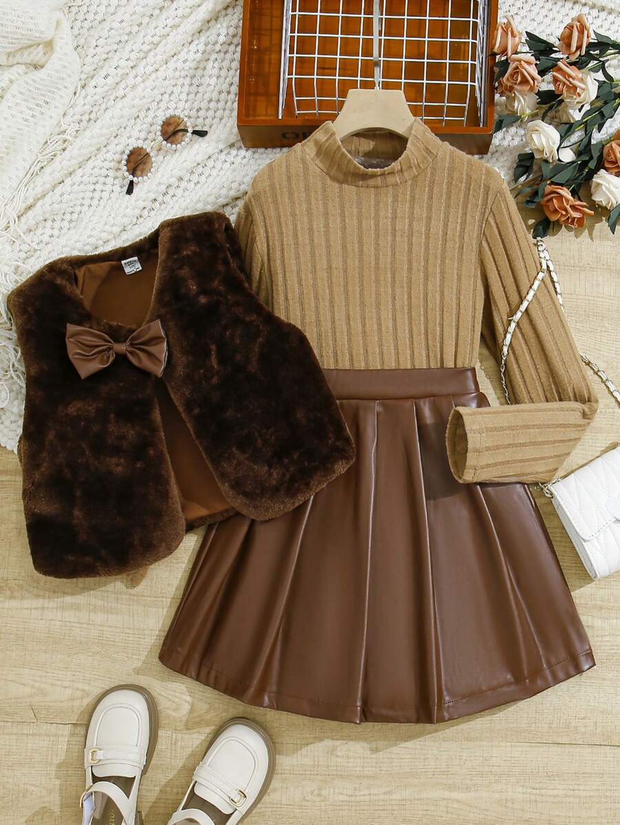 SHEIN Tween Girls' High-End Fleece Vest, Long Sleeve Pu Pleated Skirt ...