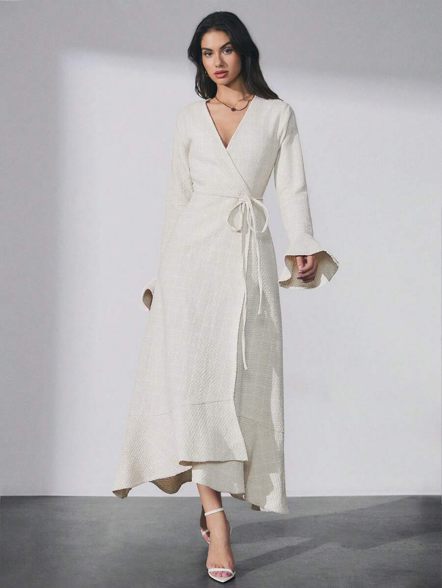Women's Elegant Style, Texture Fabric, Belted, Frill Detailed Dress ...