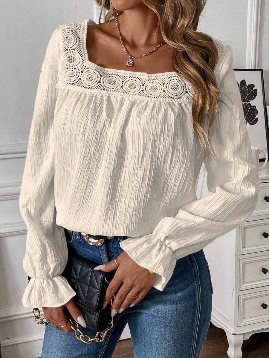 Calvaya Women's Elegant Square Neck Peasant Blouse, Crochet Lace Trim ...