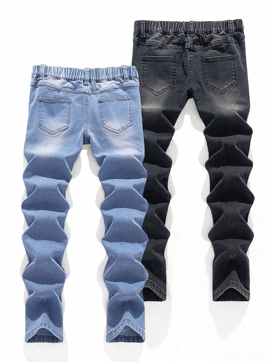 SHEIN 2pcs/Set Boys' Elastic Skinny Fit Denim Jeans, Light Blue & Dark ...
