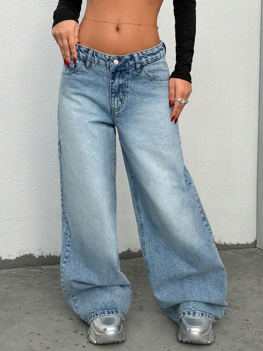 SHEIN JEAN LARGE TAILLE BASSE AMPLE BLEU AVEC BRODERIE | Mode en ligne ...