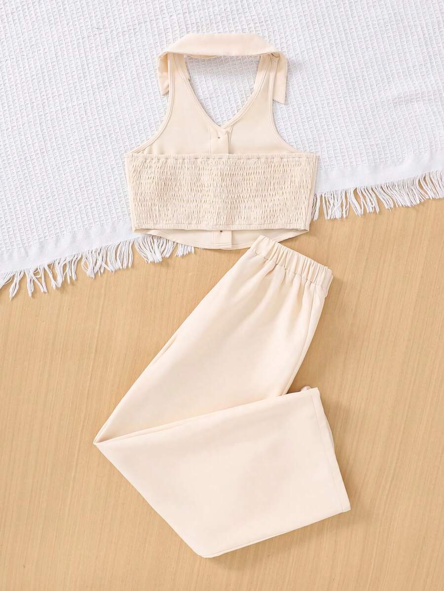 Tween Girls Woven Solid Halter Neck Sleeveless Top And Straight Leg ...