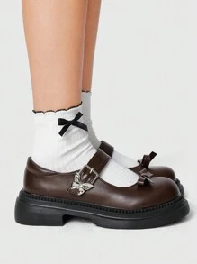 ROMWE Fairycore Women's Brown Mary Jane Leather Shoes With Strap ...