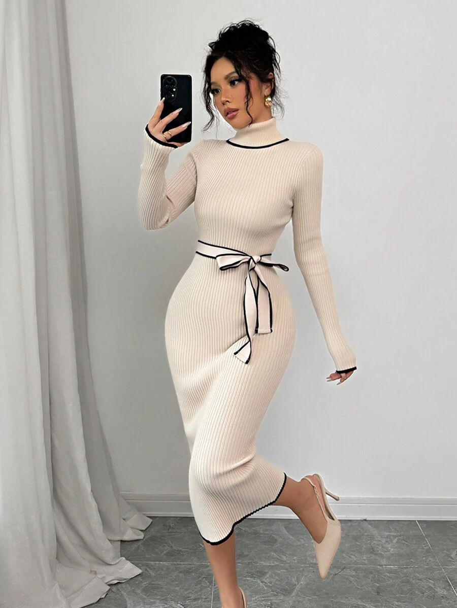 Selianne Women's Elegant Turtleneck Fitted Ribbed Knit Sweater Dress ...