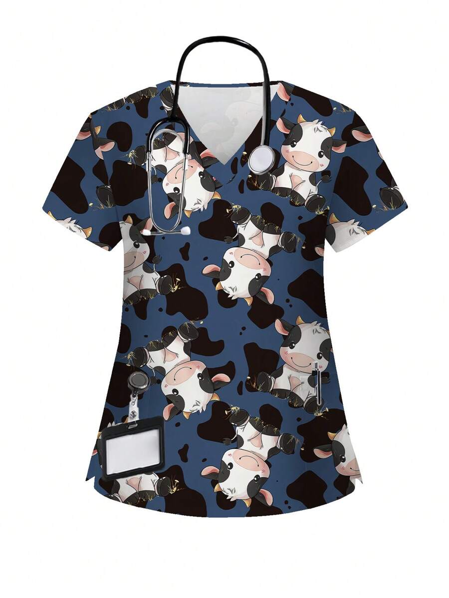 PopScrub Cute Cartoon Cow Print Plus Size Women 2 Pieces Uniform Scrub ...