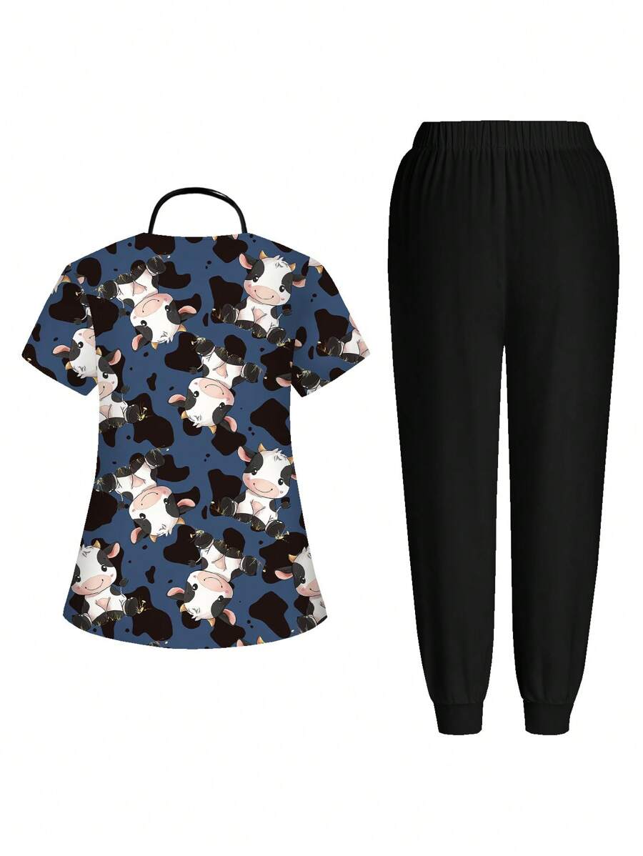 PopScrub Cute Cartoon Cow Print Plus Size Women 2 Pieces Uniform Scrub ...