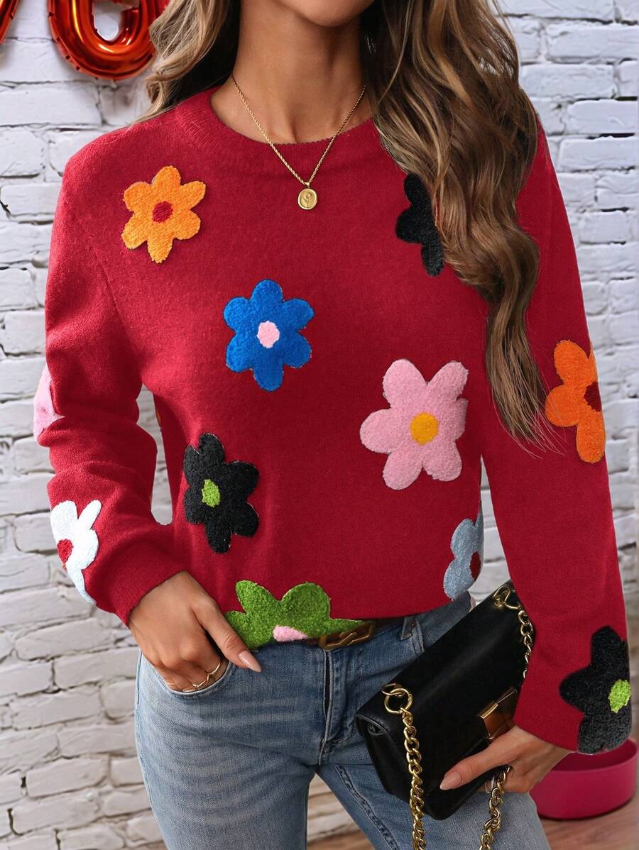 SHEIN LUNE Damen Pullover im Blumenmuster mit 3D-Effekt, Langarm ...