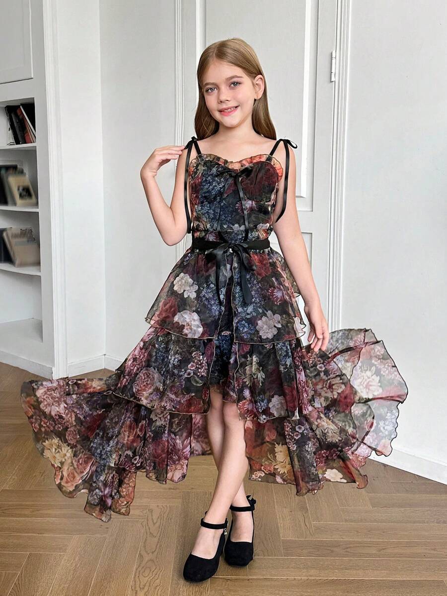 Tween Girls Elegant Full Black Floral Print Gorgeous 2in1 Dress With ...